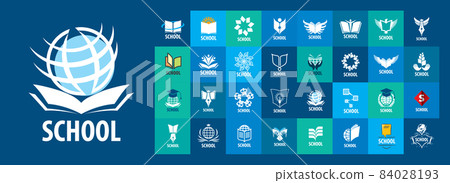 A set of vector logos of schools on a blue... - Stock Illustration ...