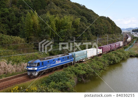 Sanyo Main Line, a long freight train that goes... - Stock Photo ...
