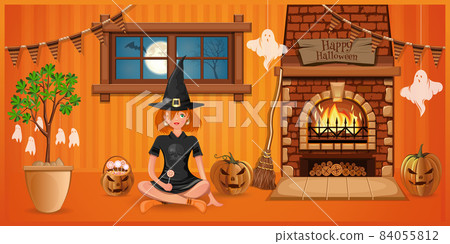 Halloween design. A girl sits near a fireplace - Stock Illustration ...