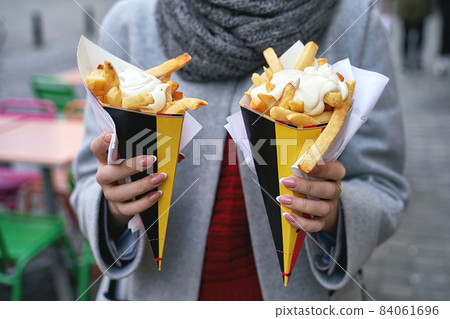 Belgian frites or french fries with mayonnaise... - Stock Photo ...