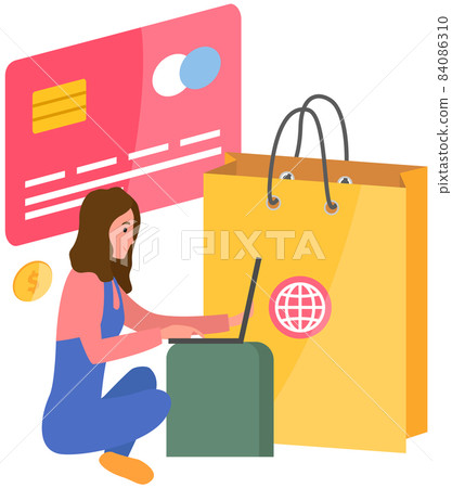Woman chooses goods on website for online... - Stock Illustration ...