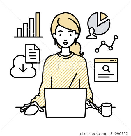 一位遠程工作的女性坐在辦公桌前，打開她的電腦進行研究、分析數據和編寫報告-插圖素材 [84096732] - PIXTA圖庫