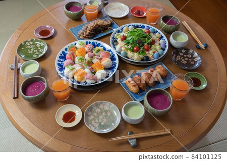 Japanese dining table with round table party food - Stock Photo ...