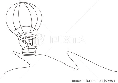 Single one line drawing little boy aeronaut in... - Stock Illustration ...