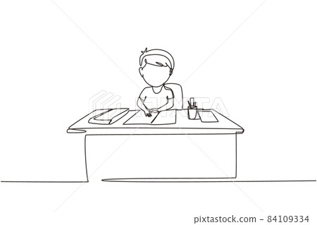 Single continuous line drawing boy studying on... - Stock Illustration ...