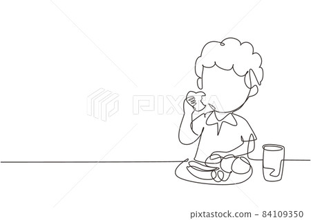 Single one line drawing boy eating fruit.... - Stock Illustration ...
