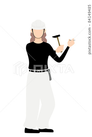 Carpenter woman poses, nails to the wall - Stock Illustration [84149485 ...