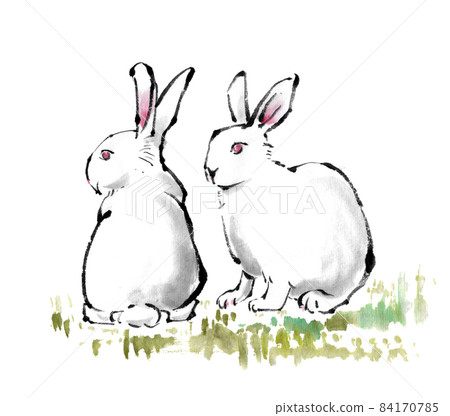 Two rabbits drawn with ink painting technique - Stock Illustration ...