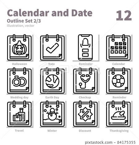 Calendar and Date icons set, Detailed Outline,... - Stock Illustration ...