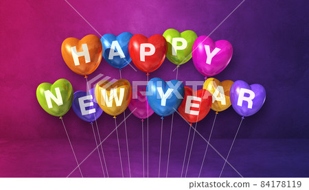 Colorful happy new year heart shape balloons on... - Stock Illustration ...