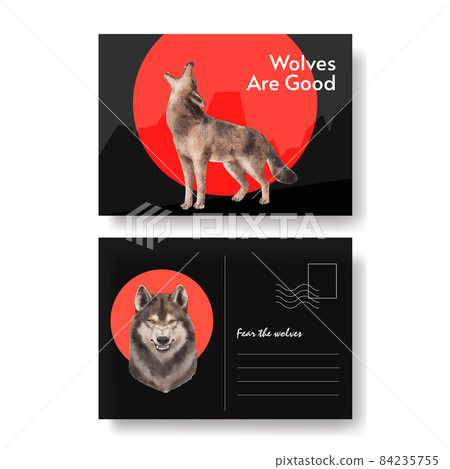 Postcard template with wolf in winter... - Stock Illustration [84235755 ...