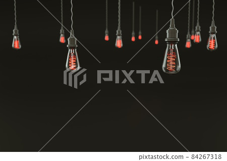3D render a lot of retro light bulbs on a black... - Stock Illustration ...