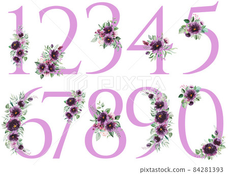 Lavender Floral Watercolor numbers decorated... - Stock Illustration ...