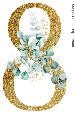 Golden number 8 decorated with green Watercolor... - Stock Illustration ...