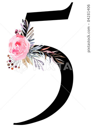 Floral Watercolor number 5 decorated with... - Stock Illustration ...