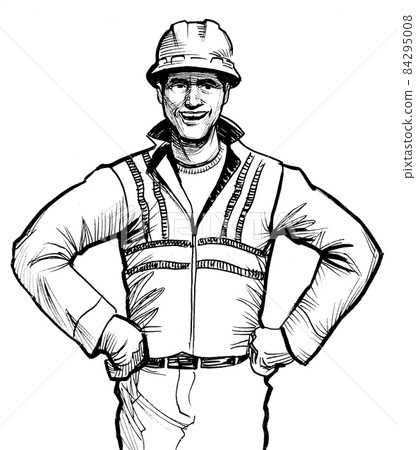 Construction worker. Ink black and white drawing - Stock Illustration ...