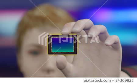 Woman demonstrates digital camera sensor,... - Stock Illustration ...
