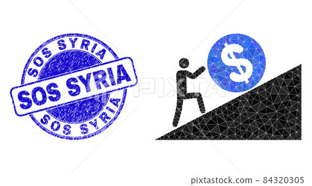 Scratched Sos Syria Round Stamp and Man Rolling... - Stock Illustration ...