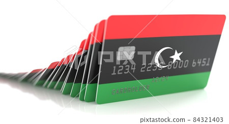 Line of fallen credit cards with flags of Libya... - Stock Illustration ...