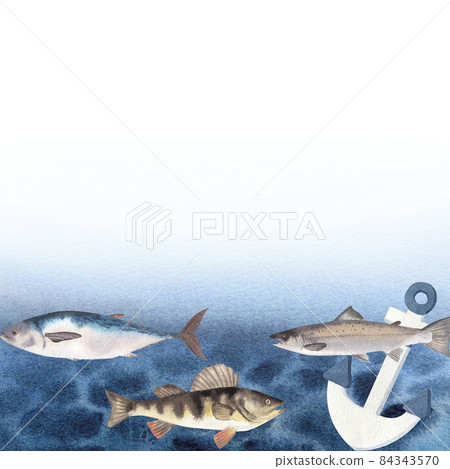 Seafish frame Watercolor Illustration - Stock Illustration [84343570 ...