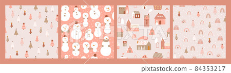 Pink Christmas pattern set. Pastel winter... - Stock Illustration ...