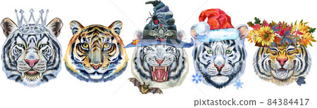 Tiger border with various accessories . Wild... - Stock Illustration ...