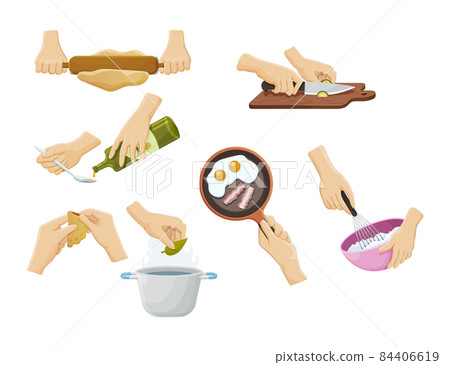 Collection human hands preparing food. Cooking... - Stock Illustration ...