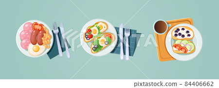 Morning healthy food top view. Set classic... - Stock Illustration ...