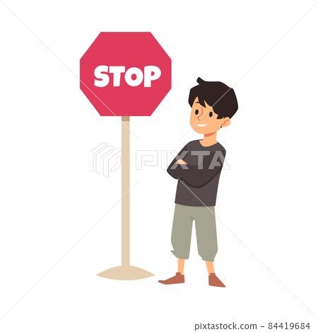 Teen boy standing near traffic stop sign, flat... - Stock Illustration ...
