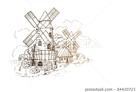 Windmill in a rural landscape, monochrome... - Stock Illustration ...