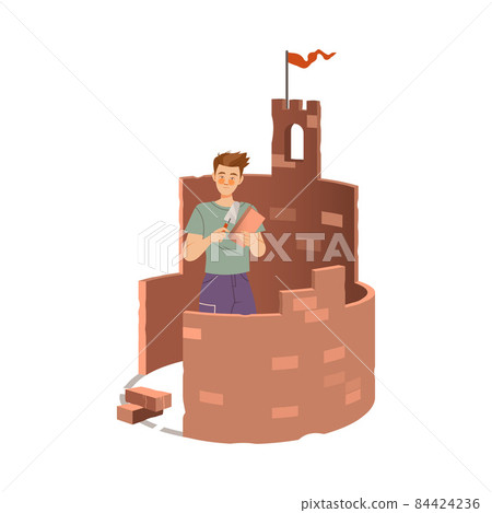 Lonely man building her own brick castle.... - Stock Illustration ...