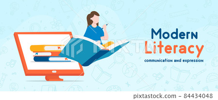 Modern literacy woman flying in computer book - Stock Illustration ...