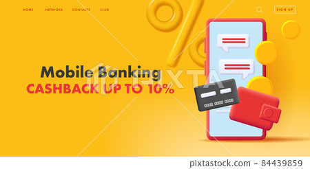 Mobile banking advertising banner with 3d... - Stock Illustration ...