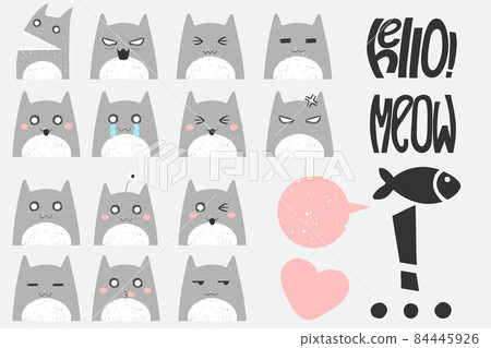 Hand drawn set with cute cat with various... - Stock Illustration ...