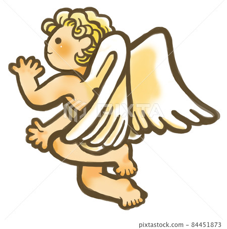 Hand-painted flying, fluffy cute angel facing left - Stock Illustration ...