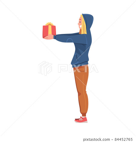 Woman Character in Hoodie Giving Gift Box... - Stock Illustration ...
