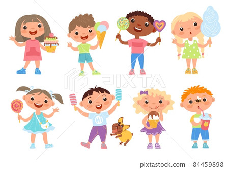 Children eat sweets. Cute funny kids hold... - Stock Illustration ...