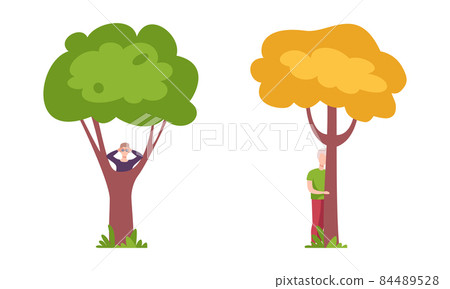 Man Character Standing Behind Tree Trunk... - Stock Illustration ...