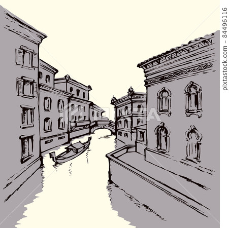 Venice Canal Line Drawing Venice Skyline With Gondola Hand Drawn