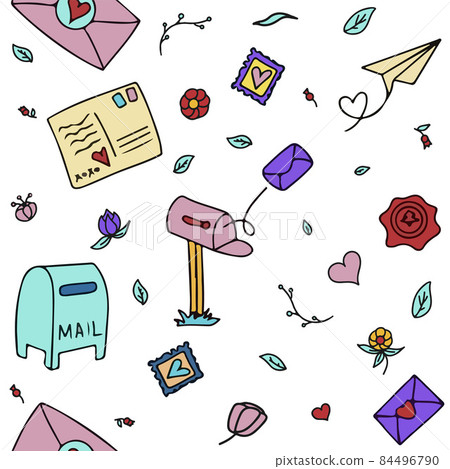 Vector mail doodles Seamless Pattern. Icons... - Stock Illustration ...