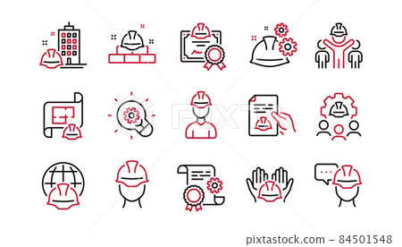 Engineering line icons set. Teamwork, Technical... - Stock Illustration ...