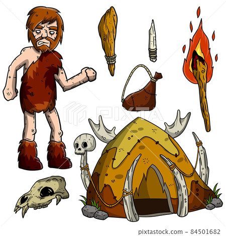Set of caveman items. Hut of skins and bones... - Stock Illustration ...