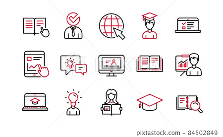 Education line icons. Book, Video tutorial and... - Stock Illustration ...