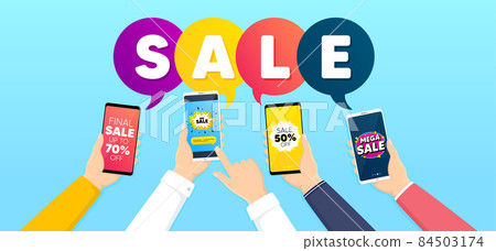 Sale banner with mobile phones. Hands holding... - Stock Illustration ...