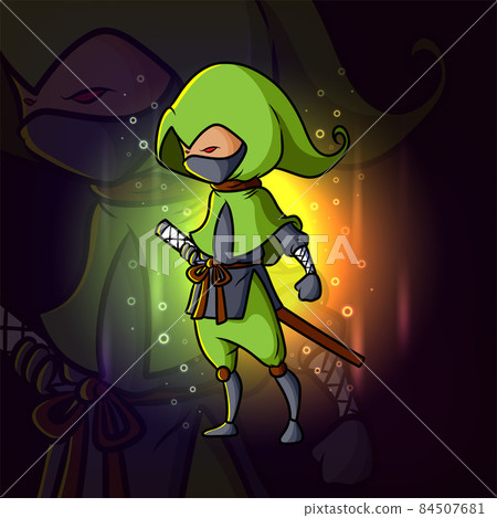 The assassin is standing while holding katana... - Stock Illustration ...