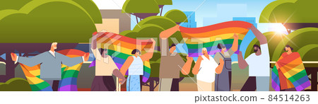 mix race people holding lgbt rainbow flags gay... - Stock Illustration ...