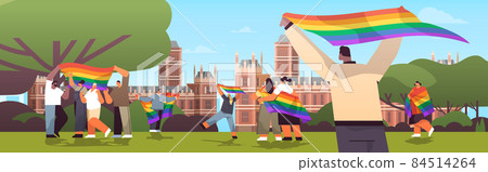 mix race people holding lgbt rainbow flags gay... - Stock Illustration ...