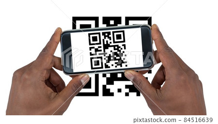 Cropped hand of man scanning qr code with smart... - Stock Illustration ...