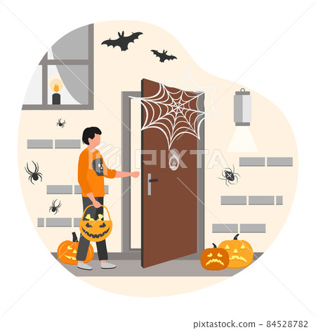 Halloween Boy Holiday Trick or treat Door Jack Bat-插圖素材 [84528782 ...