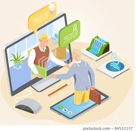 Colleagues make deal, handshake. Virtual... - Stock Illustration ...